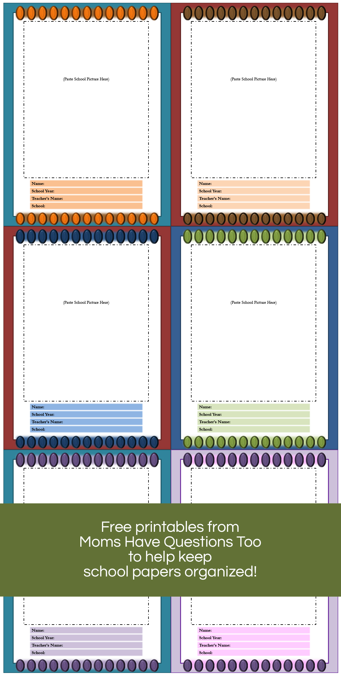 Free Printable Pages for a K-12 School Papers File